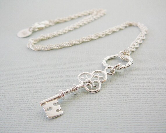 Items similar to Key Pendant Necklace, Sterling Silver Rope Chain 24 ...