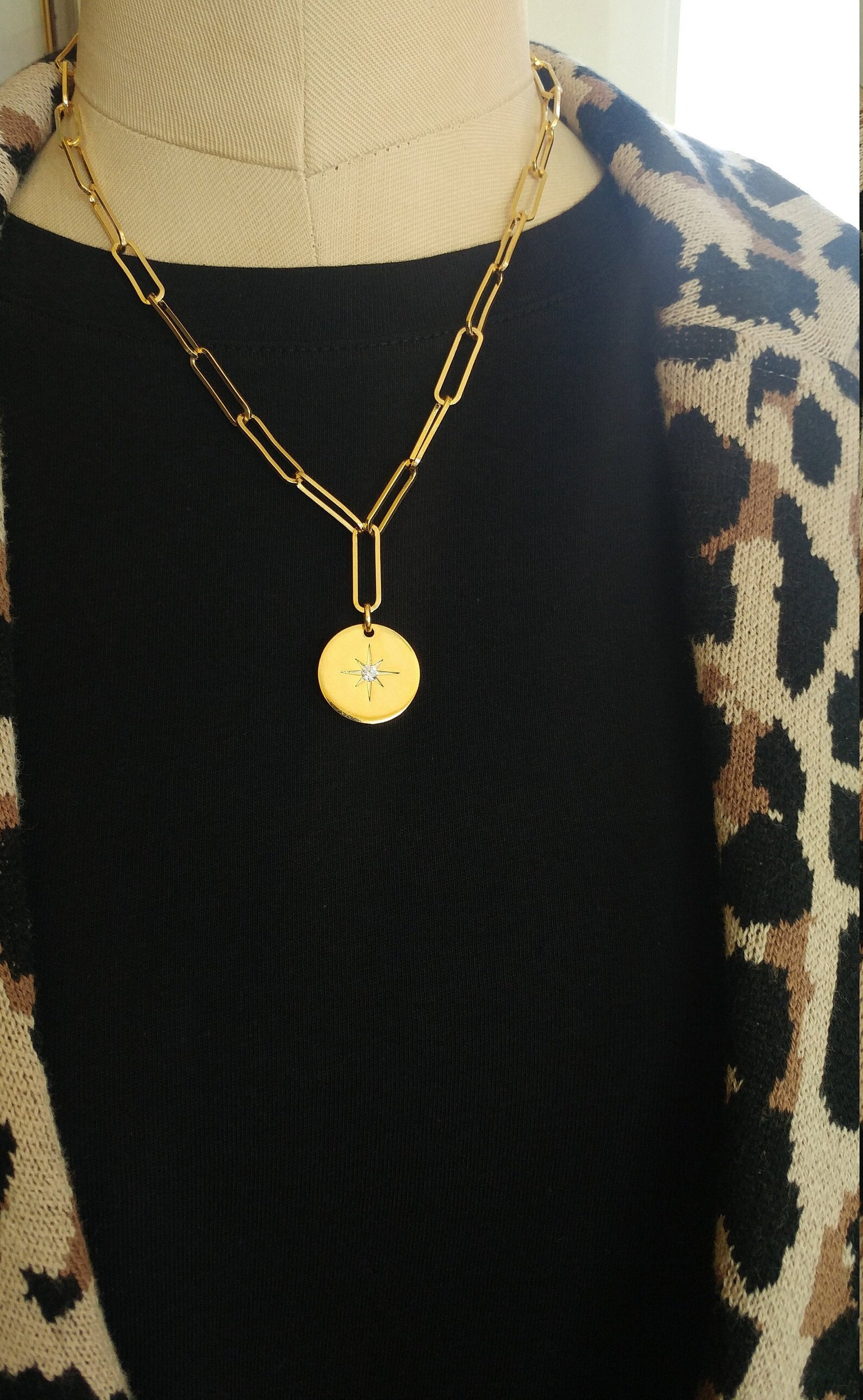 Paper Clip Medallion Necklace, Gold Plated Brass, Star, Round - Etsy