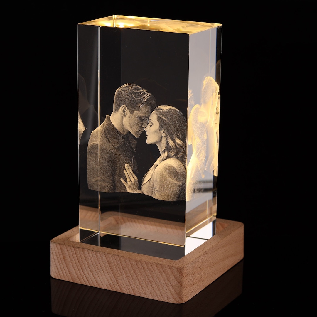 3D Crystal Photo Gift | Laser Engraved Cube With Wooden Light Base - Etsy