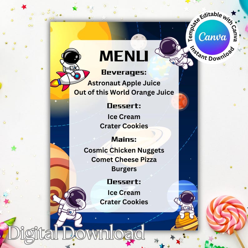 Editable Birthday Party Menu, Space Kids Astronaut Birthday, Digital ...