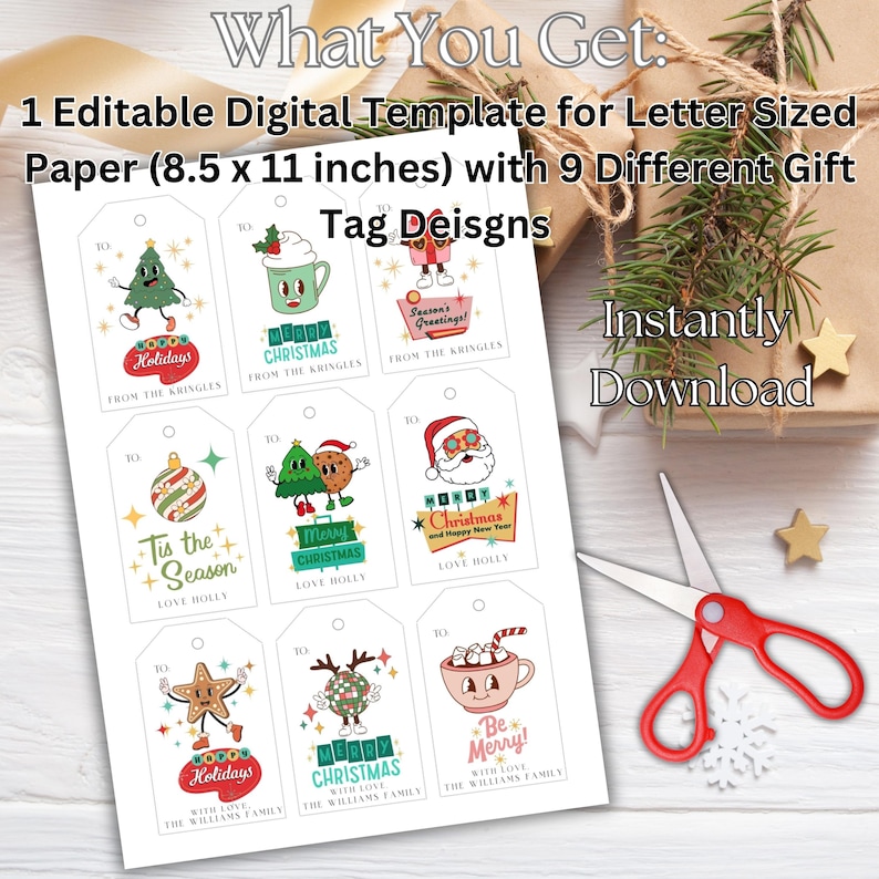 Retro Christmas Gift Tags Printable Instant Download, Editable Retro ...