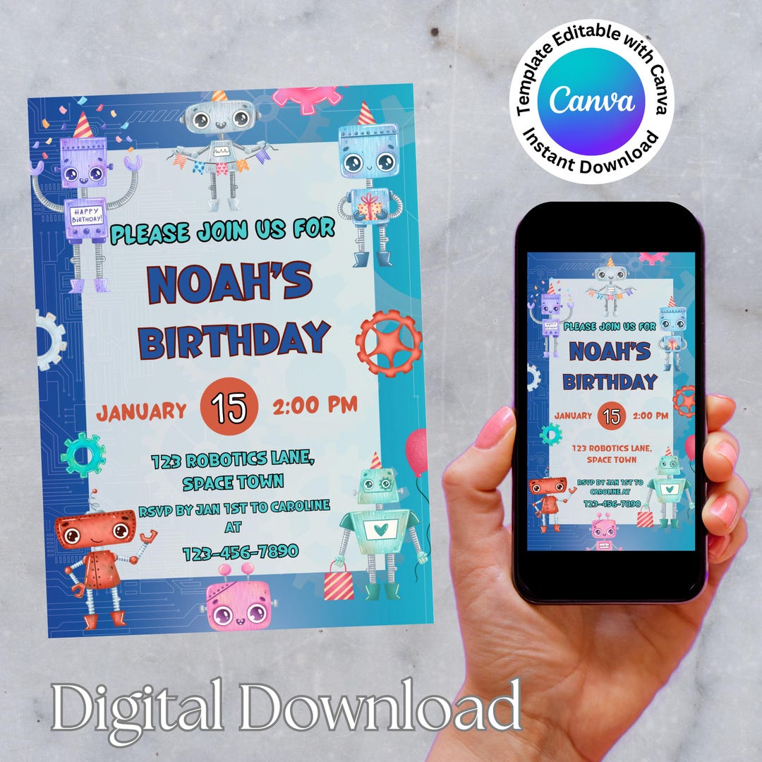 Editable Robot Birthday Invitation, Kids Robotics Party (digital Evite ...
