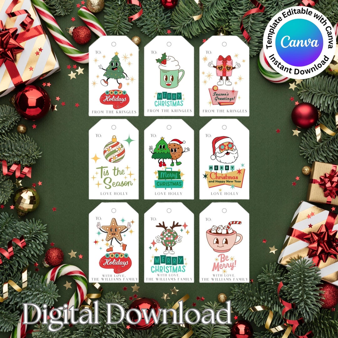 Retro Christmas Gift Tags Printable Instant Download, Editable Retro ...