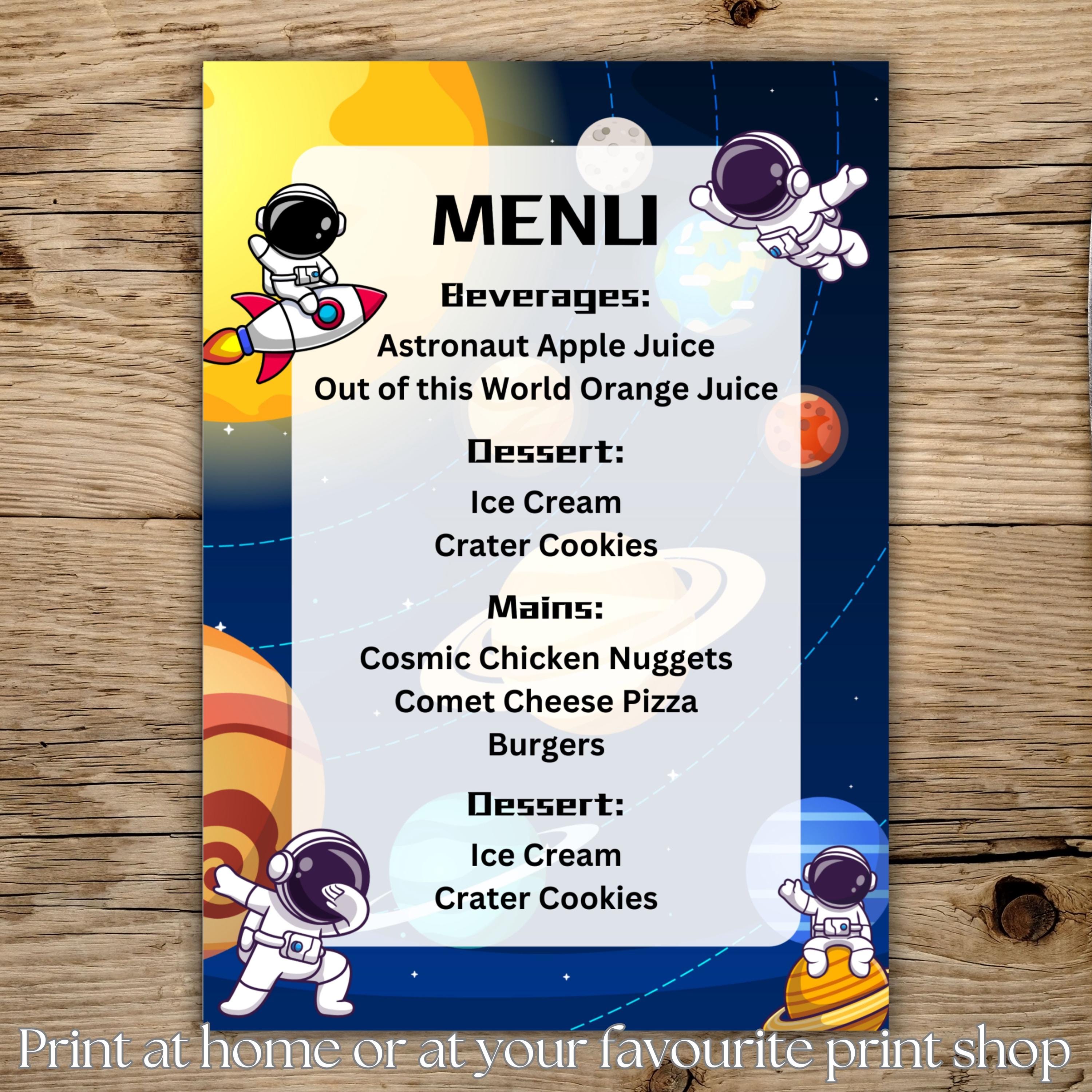 Space Birthday Party Menu: Astronaut Theme, Editable Canva Template ...