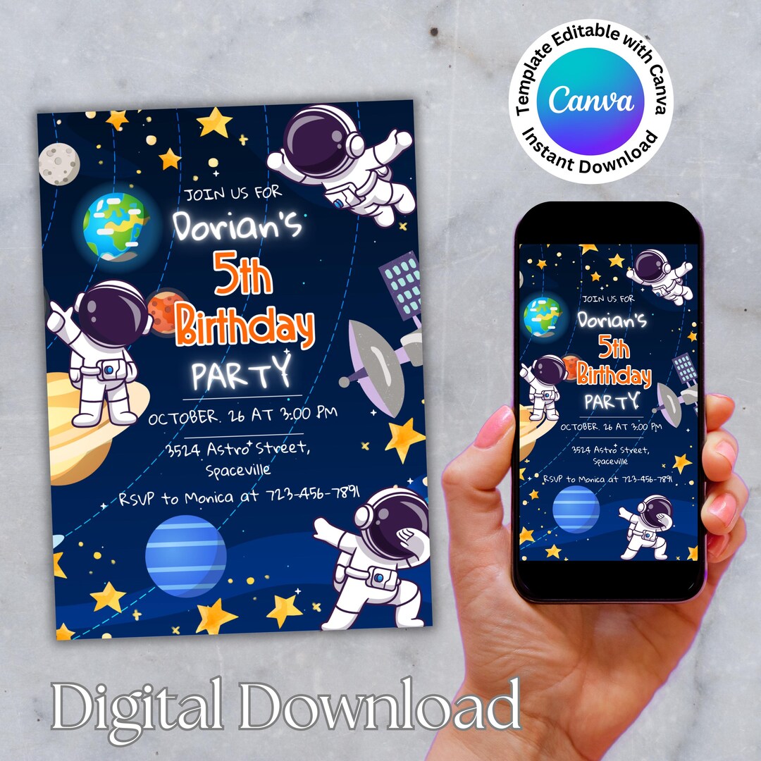 Editable Kids Birthday Party Invitation, Space Astronaut Childrens ...