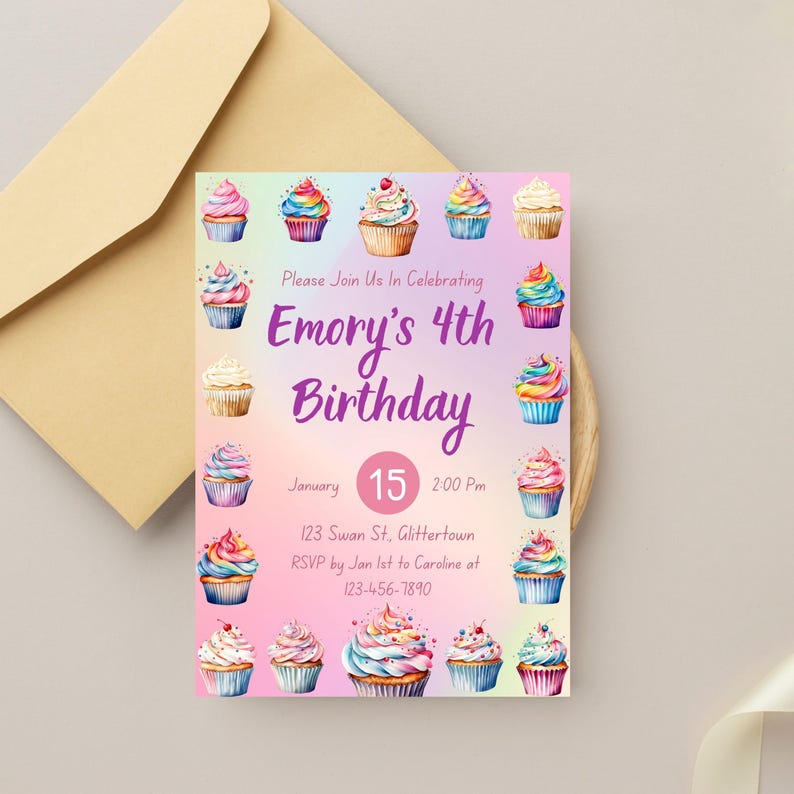 Editable Kids Birthday Party Invitation Cupcakes, Childrens Cupcake ...