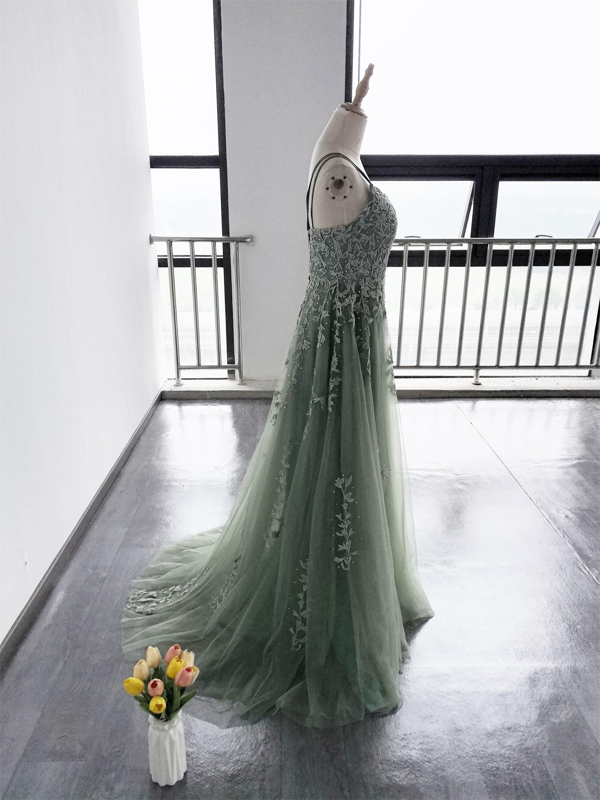 Sage Green Prom Dress, Soft Tulle Lace Evening Dress, Fresh Green A ...