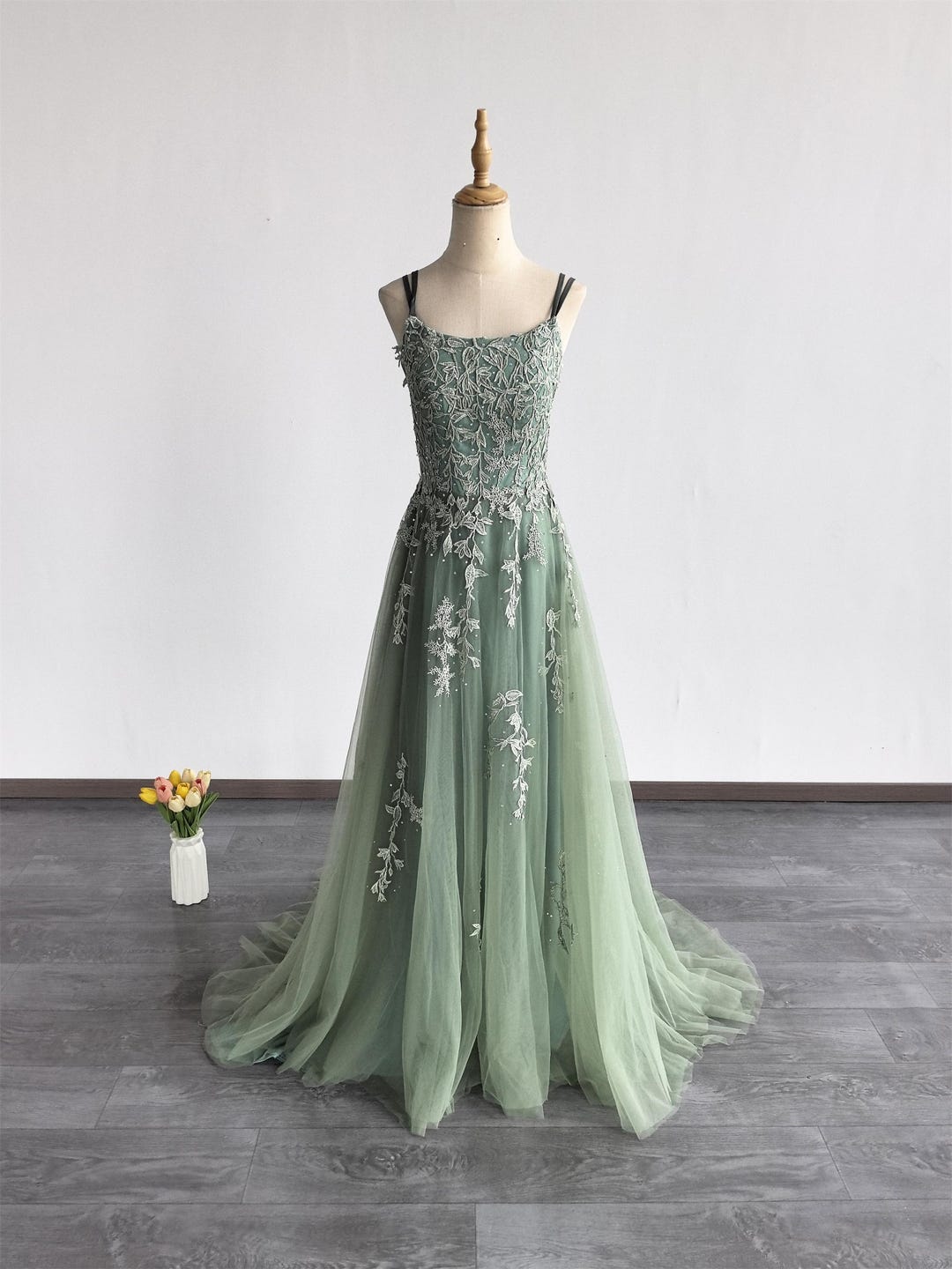 Sage Green Prom Dress, Soft Tulle Lace Evening Dress, Fresh Green A ...