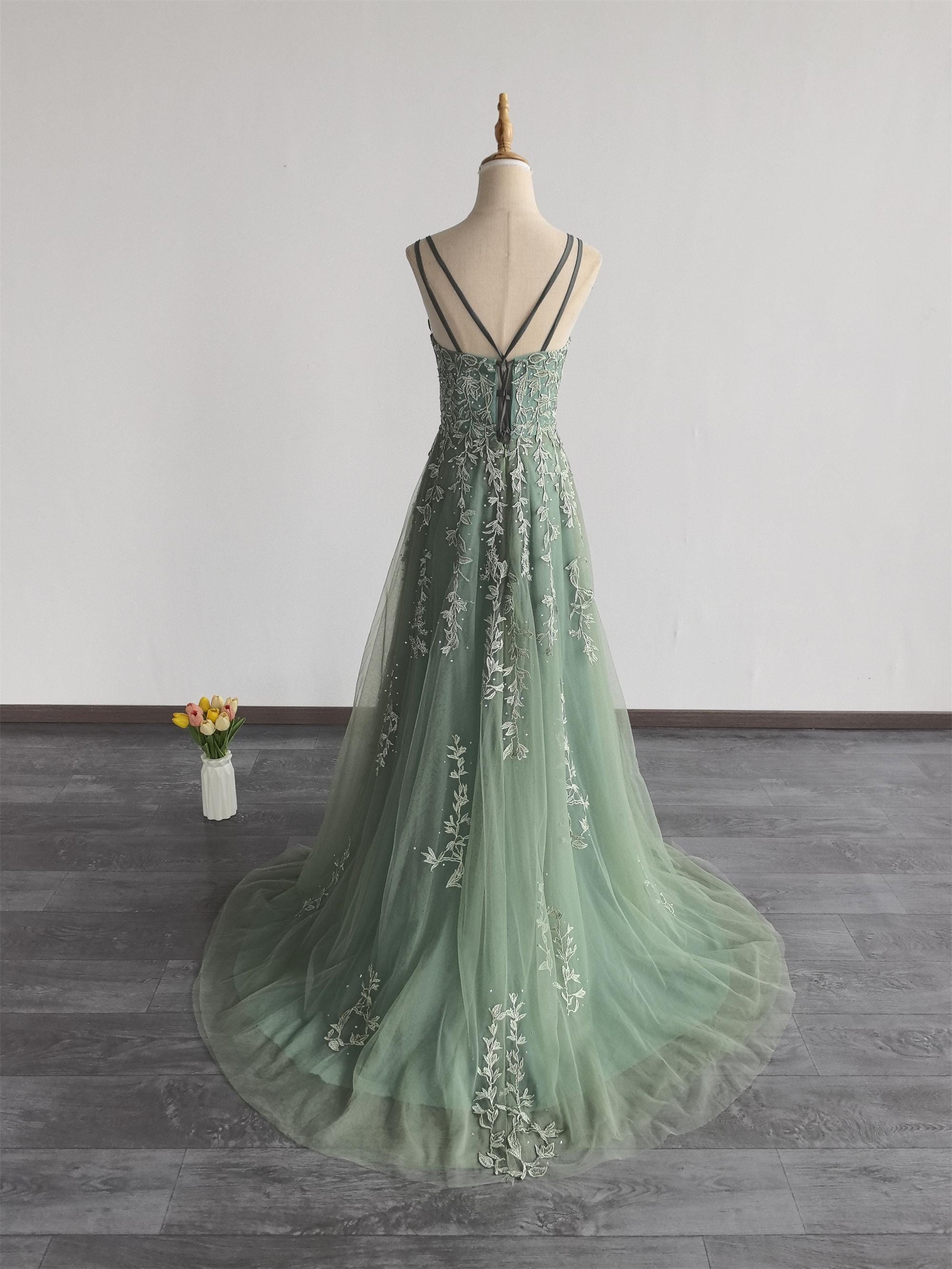 Sage Green Prom Dress, Soft Tulle Lace Evening Dress, Fresh Green A ...