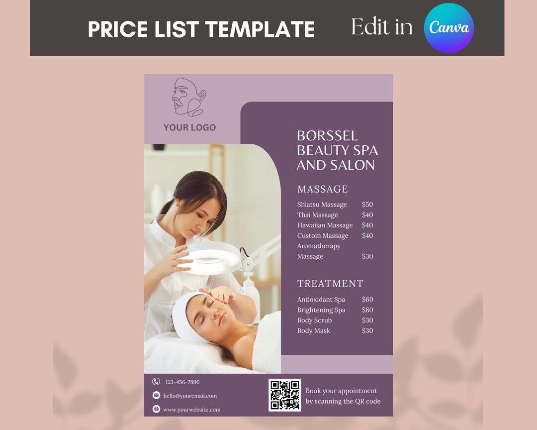 Beauty Salon Price List Template, Spa Pricing Template, Editable Beauty ...