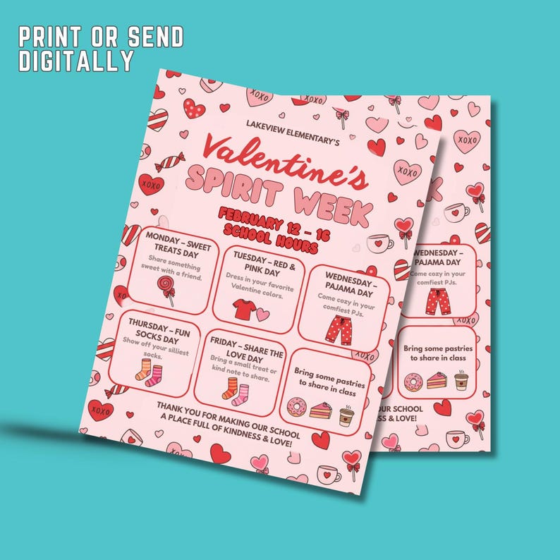 Valentine’s Spirit Week Event Flyer: Editable School Theme Day Schedule ...