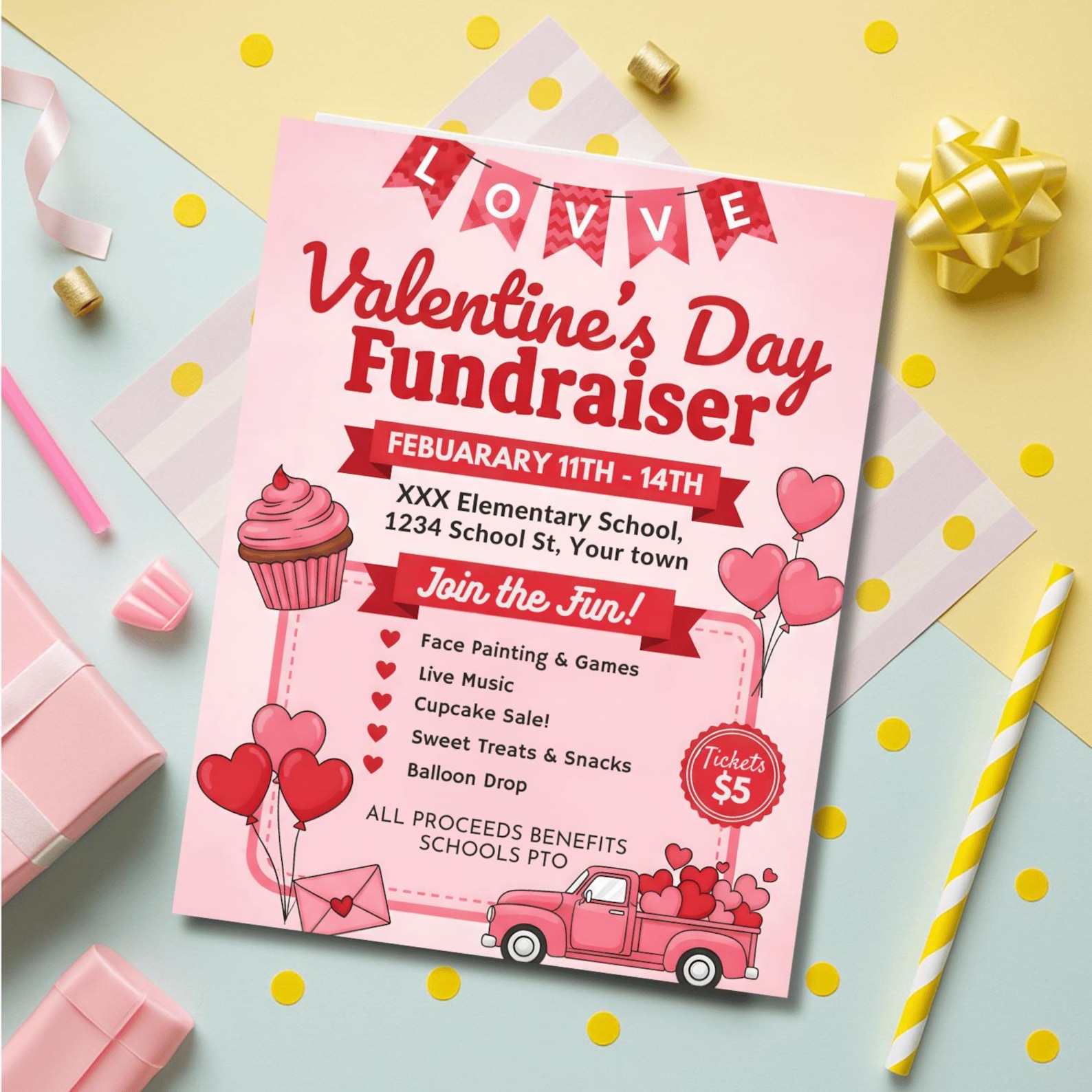 Editable Valentine's Day Fundraiser Flyer: School Party Template ...