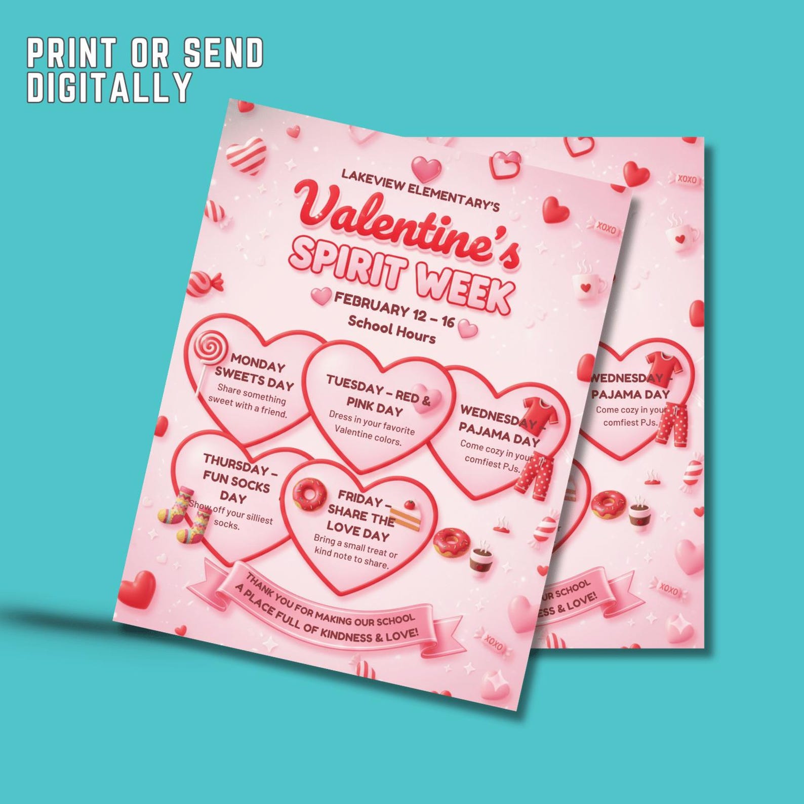 Valentine’s Day School Spirit Week Flyer Template: Printable Classroom ...