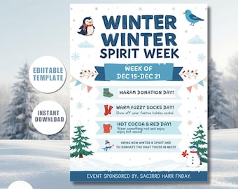 Winter Spirit Week Flyer Template, Editable Holiday School Event, PTO ...