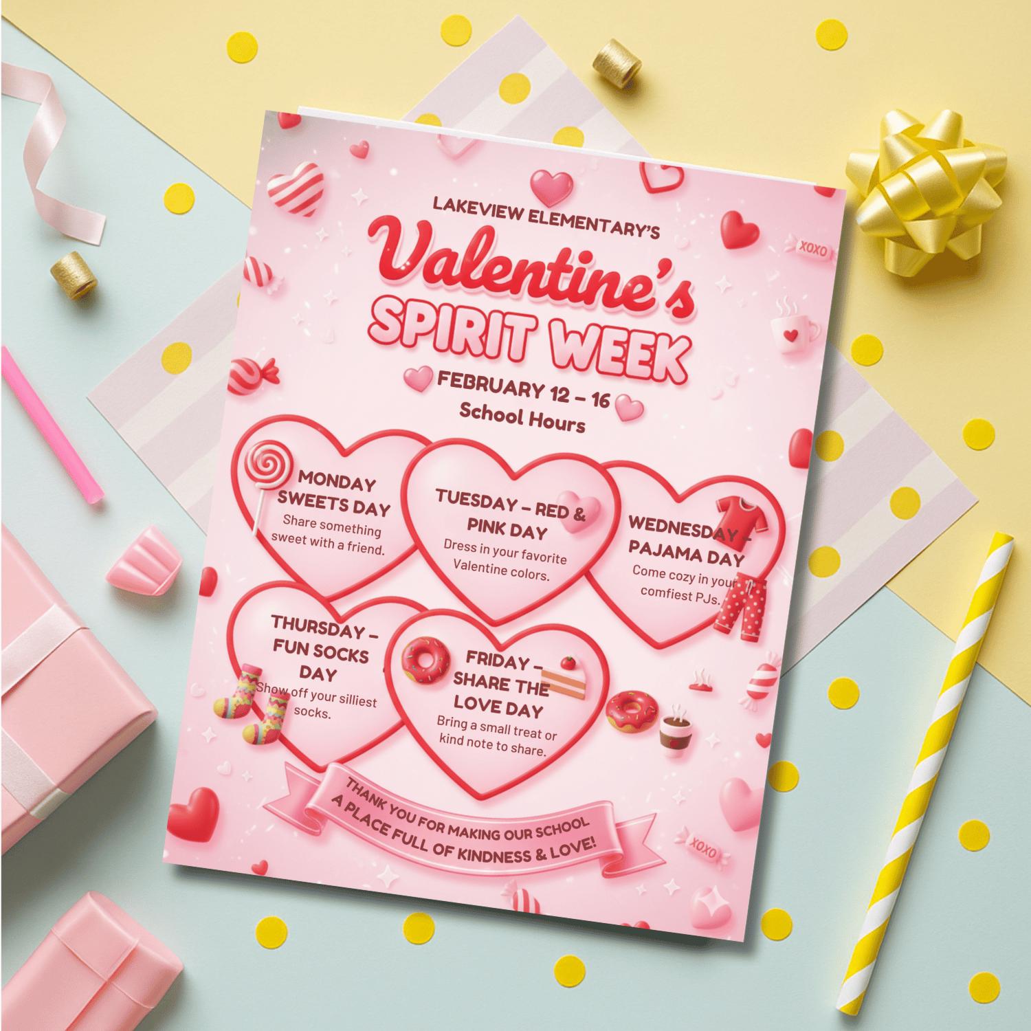 Valentine’s Day School Spirit Week Flyer Template: Printable Classroom ...