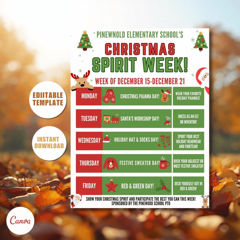 Winter Spirit Week Flyer Template, Editable Holiday School Event, PTO ...