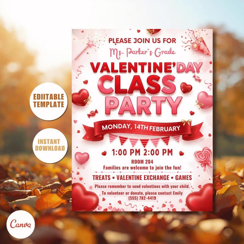 Editable Valentines Class Party Flyer, Elementary School Flyer ...