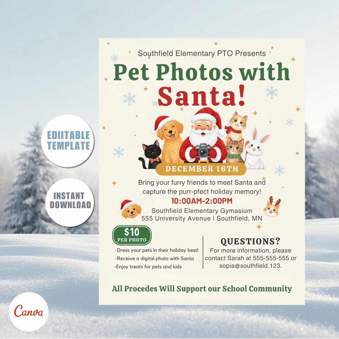 Pet Photos With Santa Paws Flyer, School PTO Pet Photo Event Invitation ...