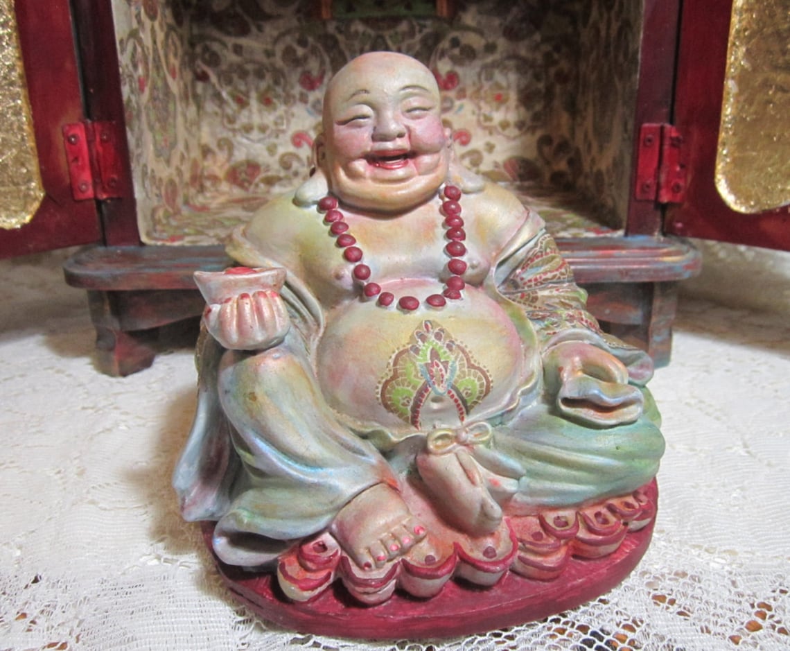 Vintage Shrine Niche Shadow Box With Buddha Statue Hand Painted ...