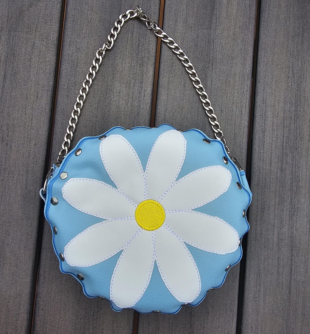 Daisy Rivet Purse handmade White Applique on Baby Blue Vinyl, Flower ...