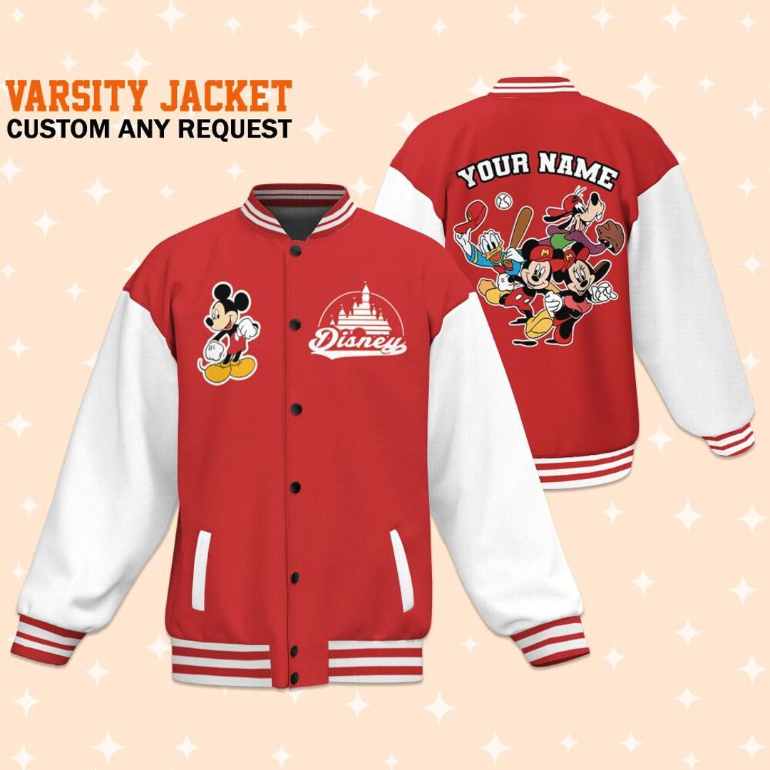 Personalize Mickey Castle Logo Red White Color, Adult Varsity Jacket ...