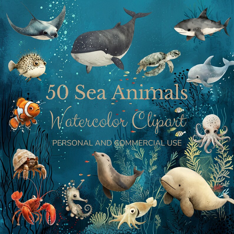 Underwater Sea Clipart Bundle, 50 Transparent PNG, Watercolor Design ...