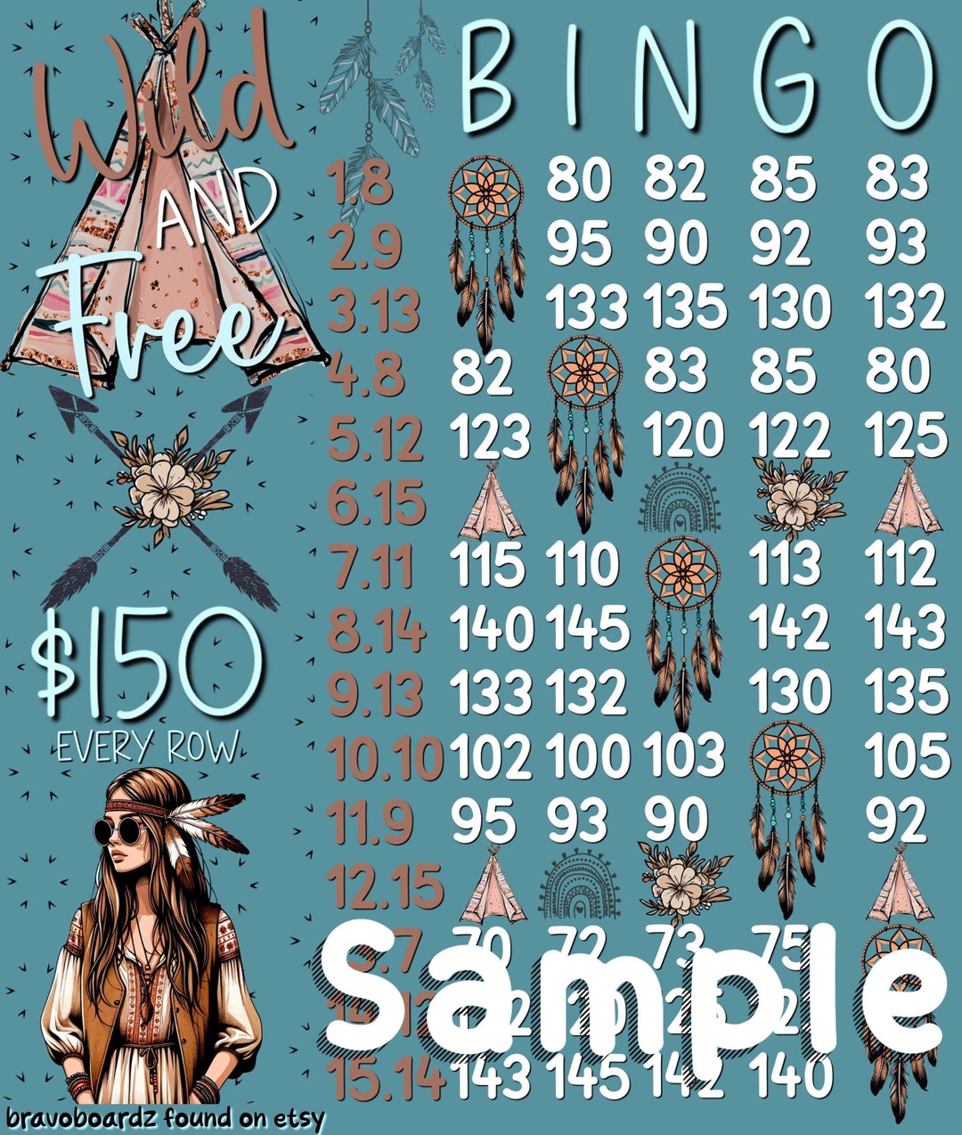 Wild and Free 150 PYP 15 Line Bingo Board, 150 in Each Row Bingo With ...