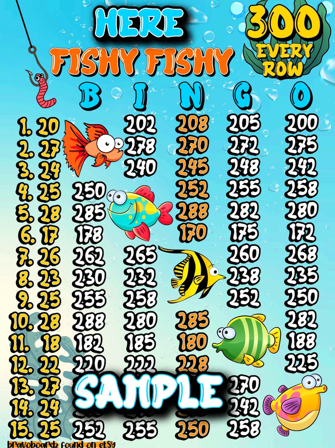Here Fishy Fishy 300 PYP 15 Line Bingo Board, 300 in Each Row Bingo - Etsy
