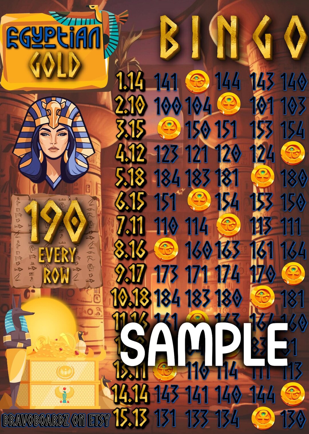Egyptian Gold 190 PYP 15 Line Bingo Board, 190 in Each Row Bingo - Etsy