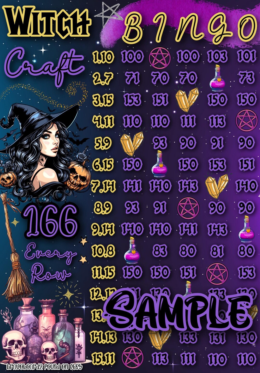Witch Craft 166 PYP 15 Line Bingo Board, 166 in Each Row Bingo With ...