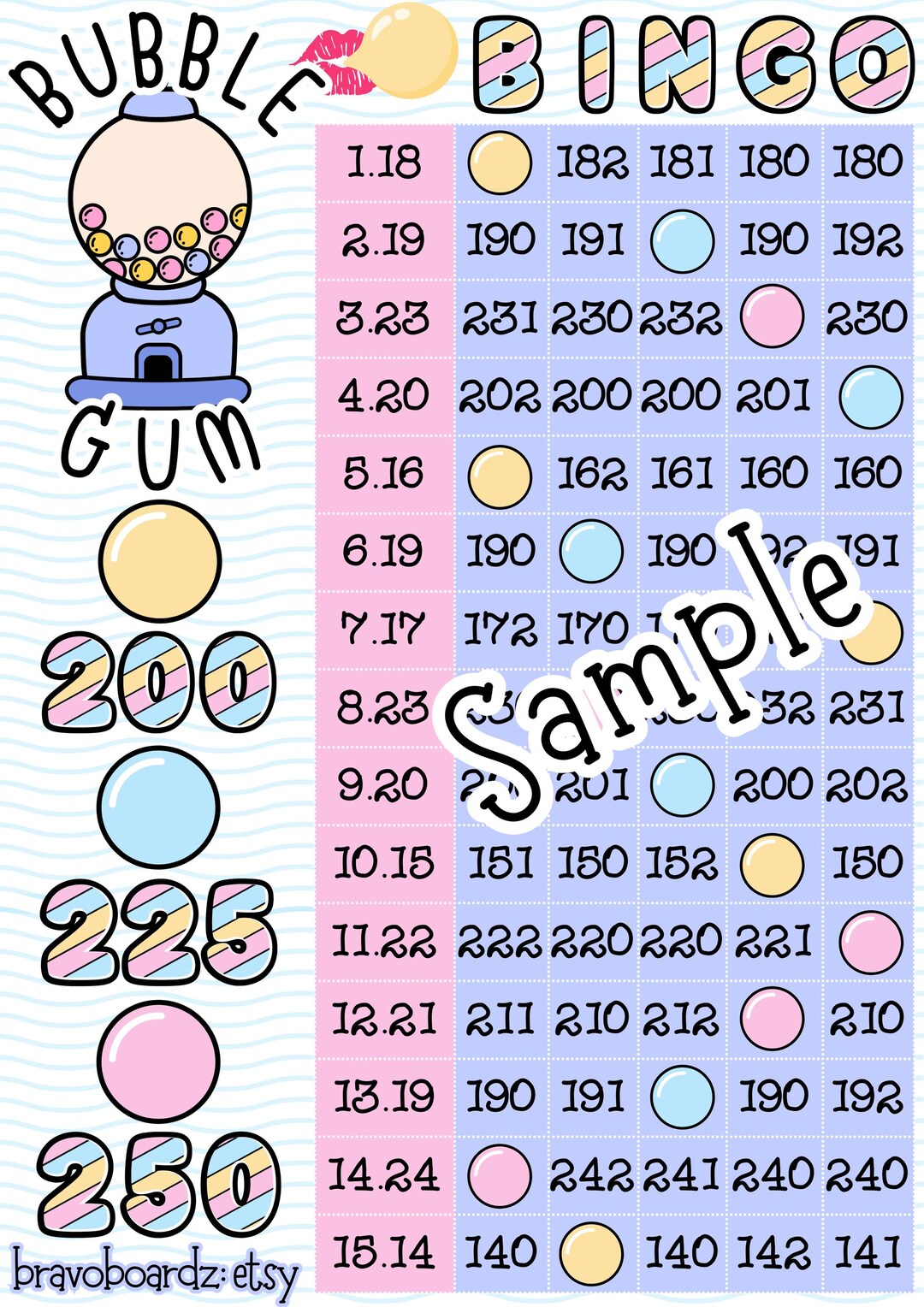 Bubble Gum 200/225/250 PYP 15 Line Bingo Board With Profit - Etsy