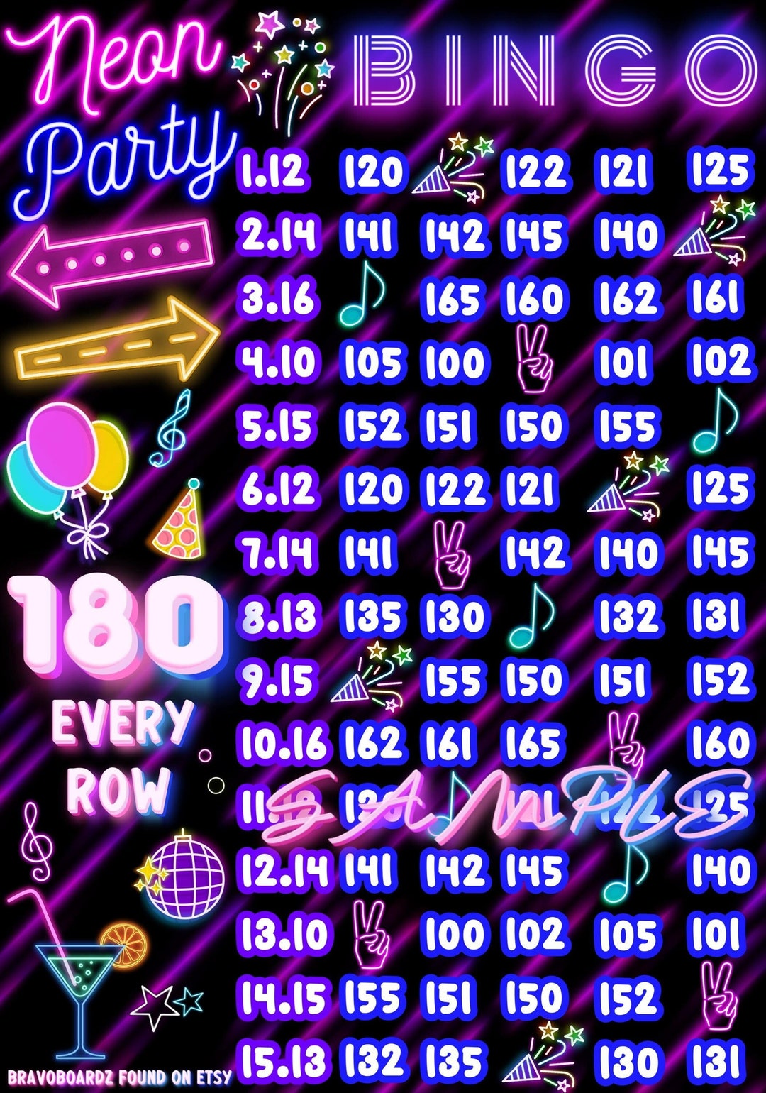 Neon Party 180 PYP Line Bingo Board, 180 in Each Row Bingo With Profit ...