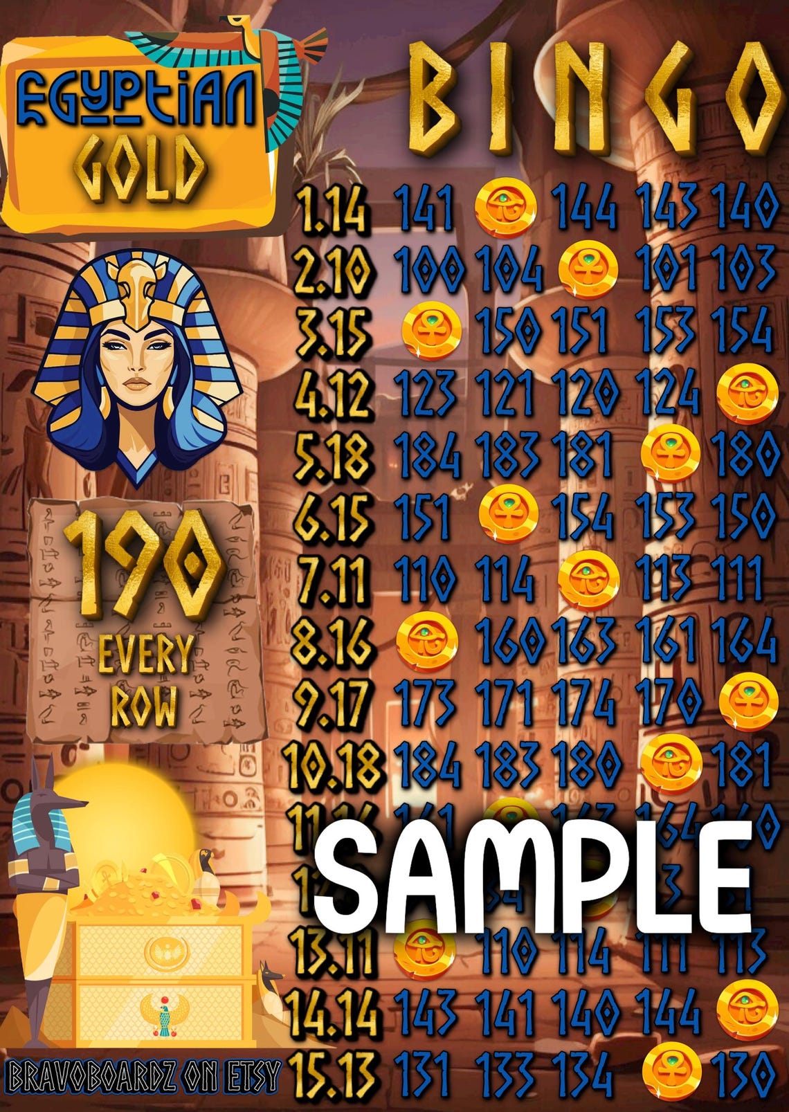 Egyptian Gold 190 PYP 15 Line Bingo Board, 190 in Each Row Bingo - Etsy