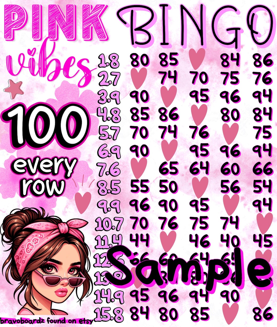 Pink Vibes 100 PYP 15 Line Bingo Board, 100 in Each Row Bingo - Etsy