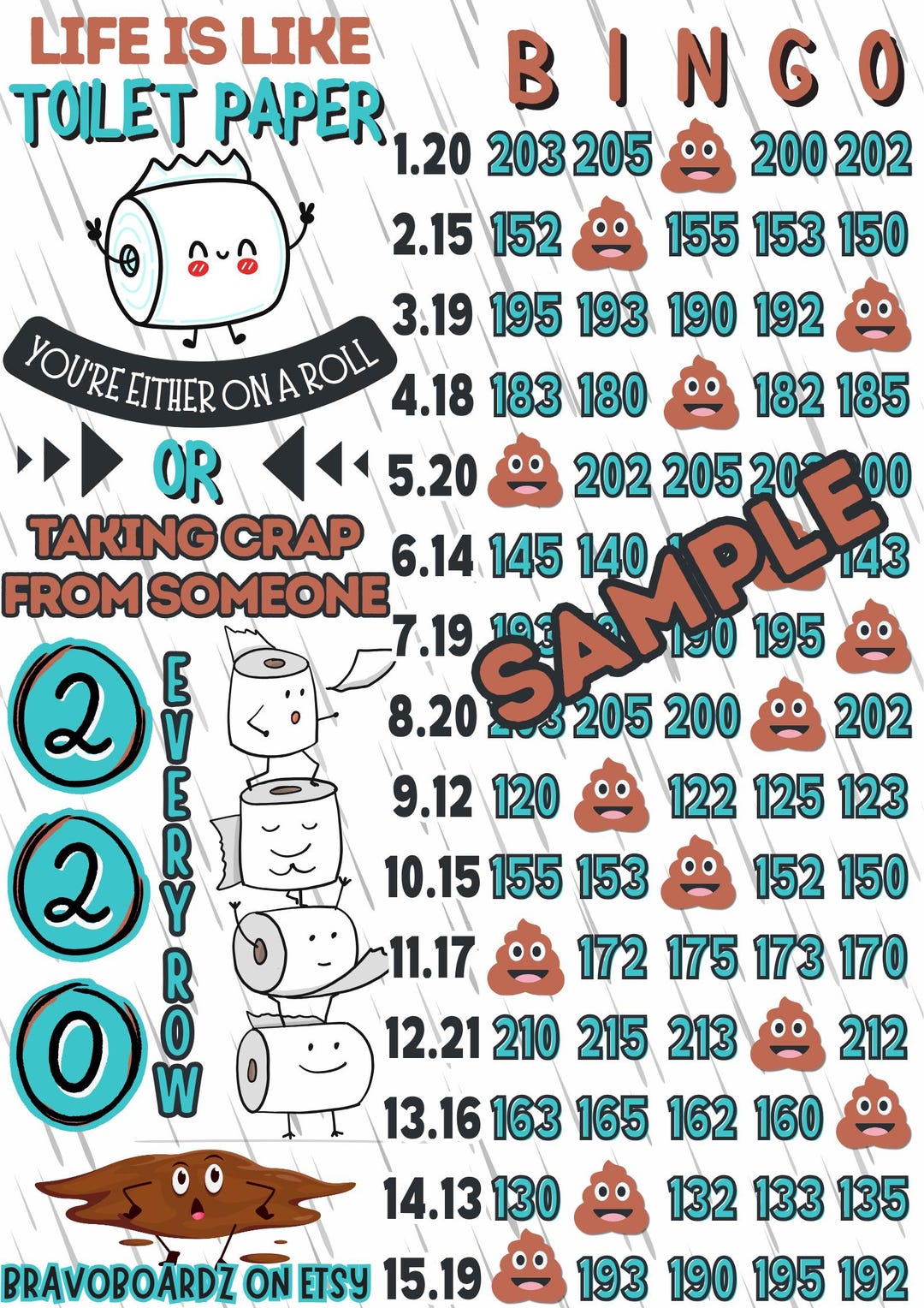 Toilet Paper 220 PYP Line Bingo Board, 220 in Each Row Bingo With ...