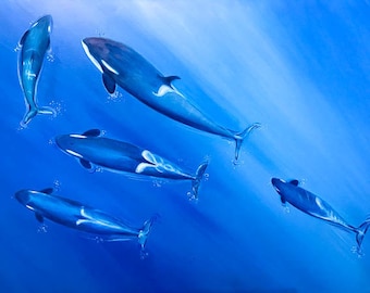 Orcas Family Watercolor Giclee Print: Marine Life Orca Pod Painting ...