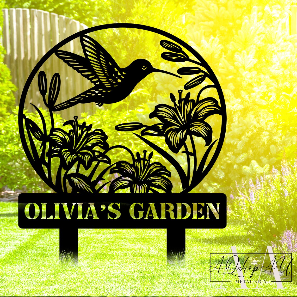 Custom Hummingbird Metal Garden Stake, Personalized Garden Name Sign ...