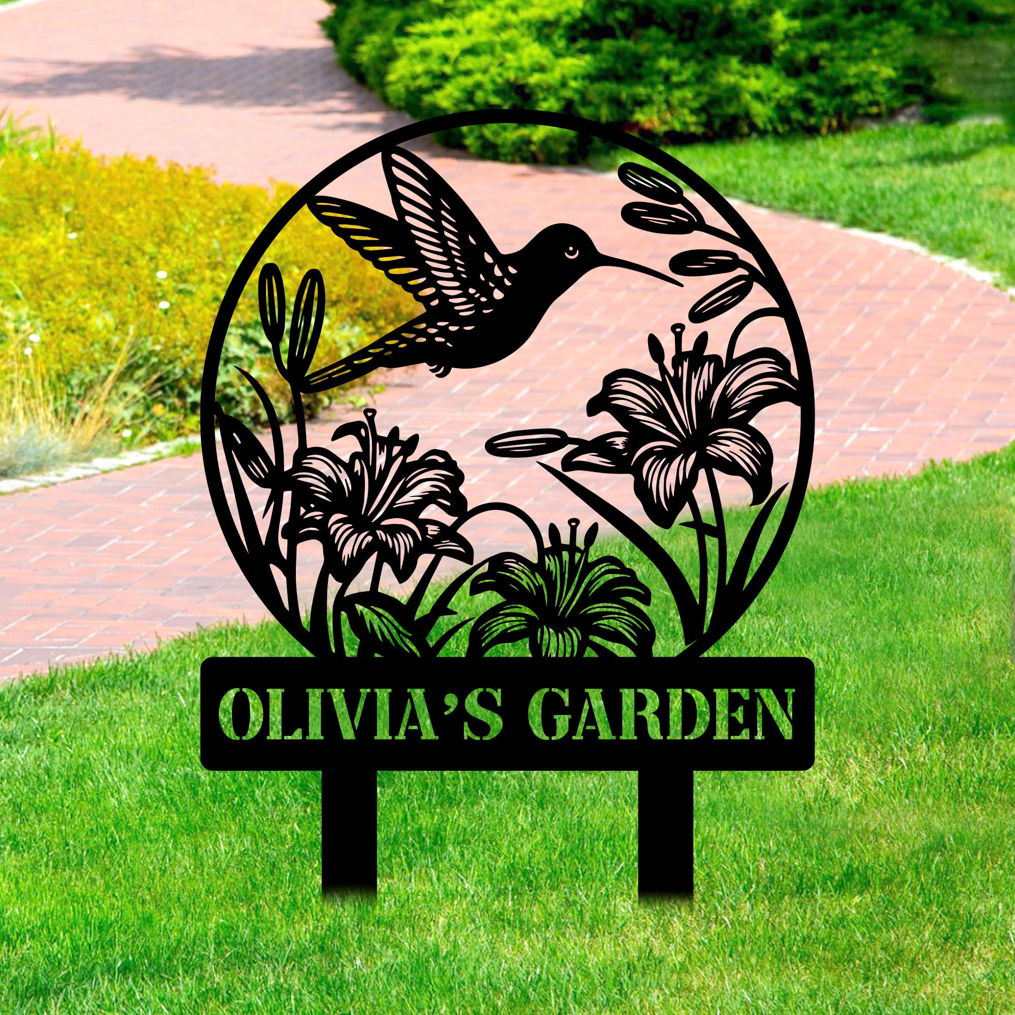 Custom Hummingbird Metal Garden Stake, Personalized Garden Name Sign ...