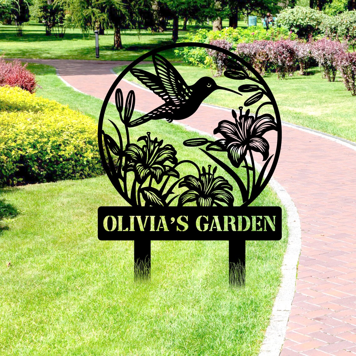 Custom Hummingbird Metal Garden Stake, Personalized Garden Name Sign ...