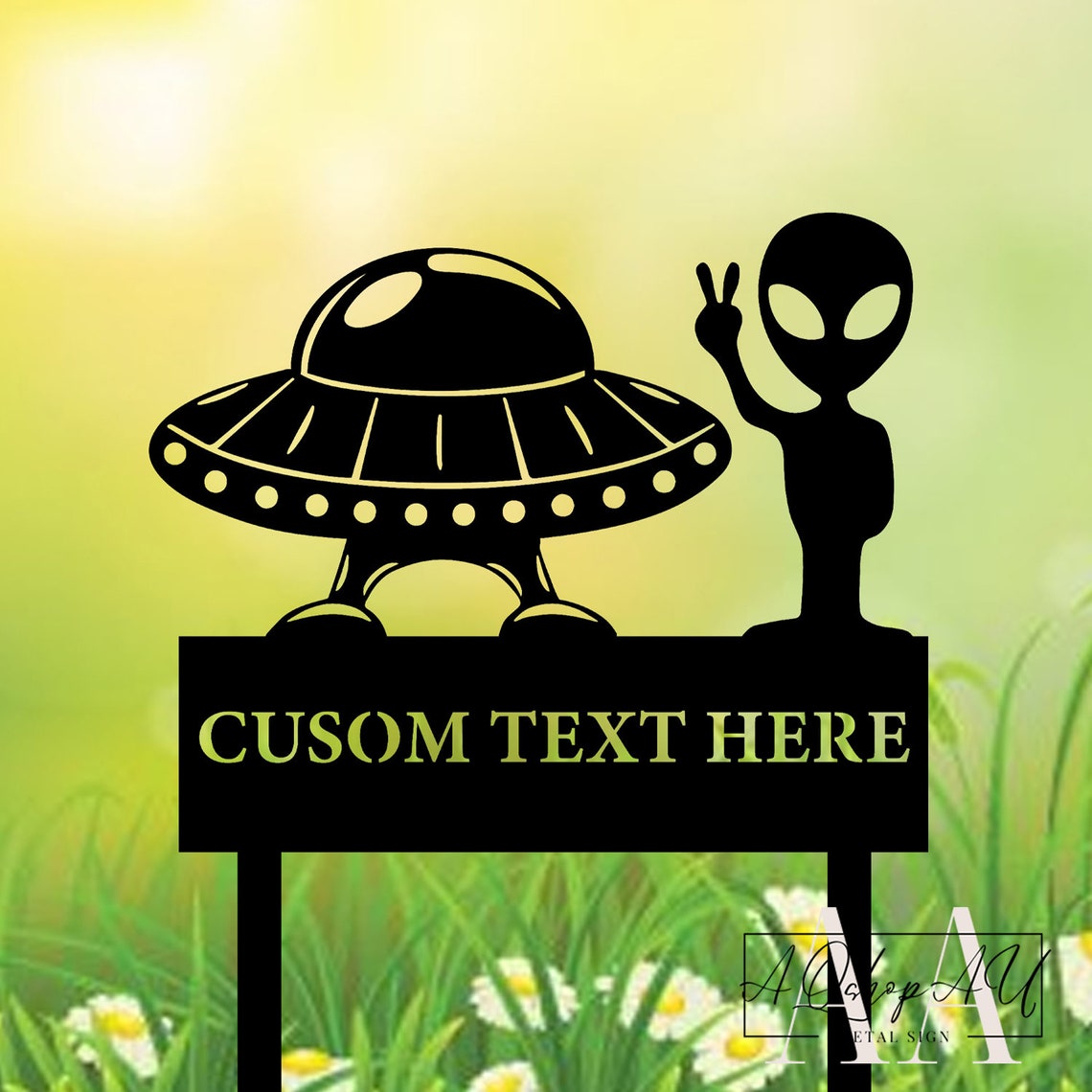 Alien & UFO Spaceship Art Yard Sign, Custom Metal Alien Garden Yard Art ...