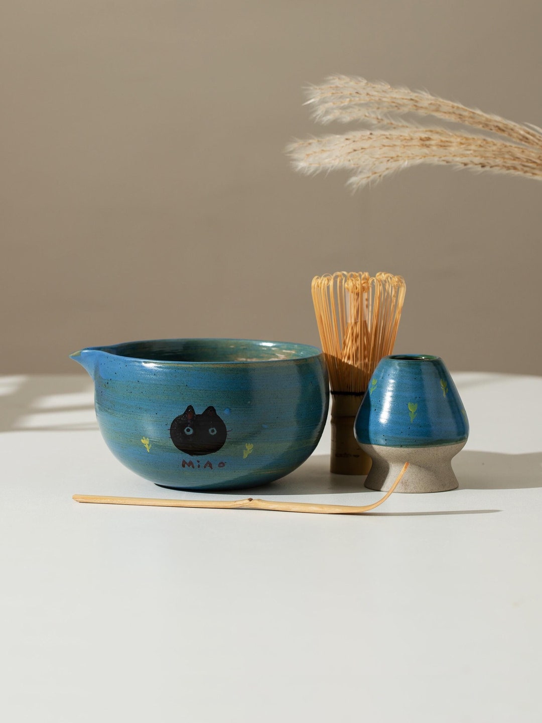 Hand Painted Cute Cat Blue Matcha Bowl Set of 4 Gift Set Matcha Kit ...