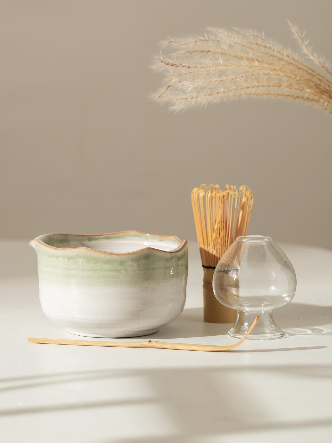 Handmade Natural Green Matcha Bowl Set of 4 Bamboo Whisk and Chasen ...