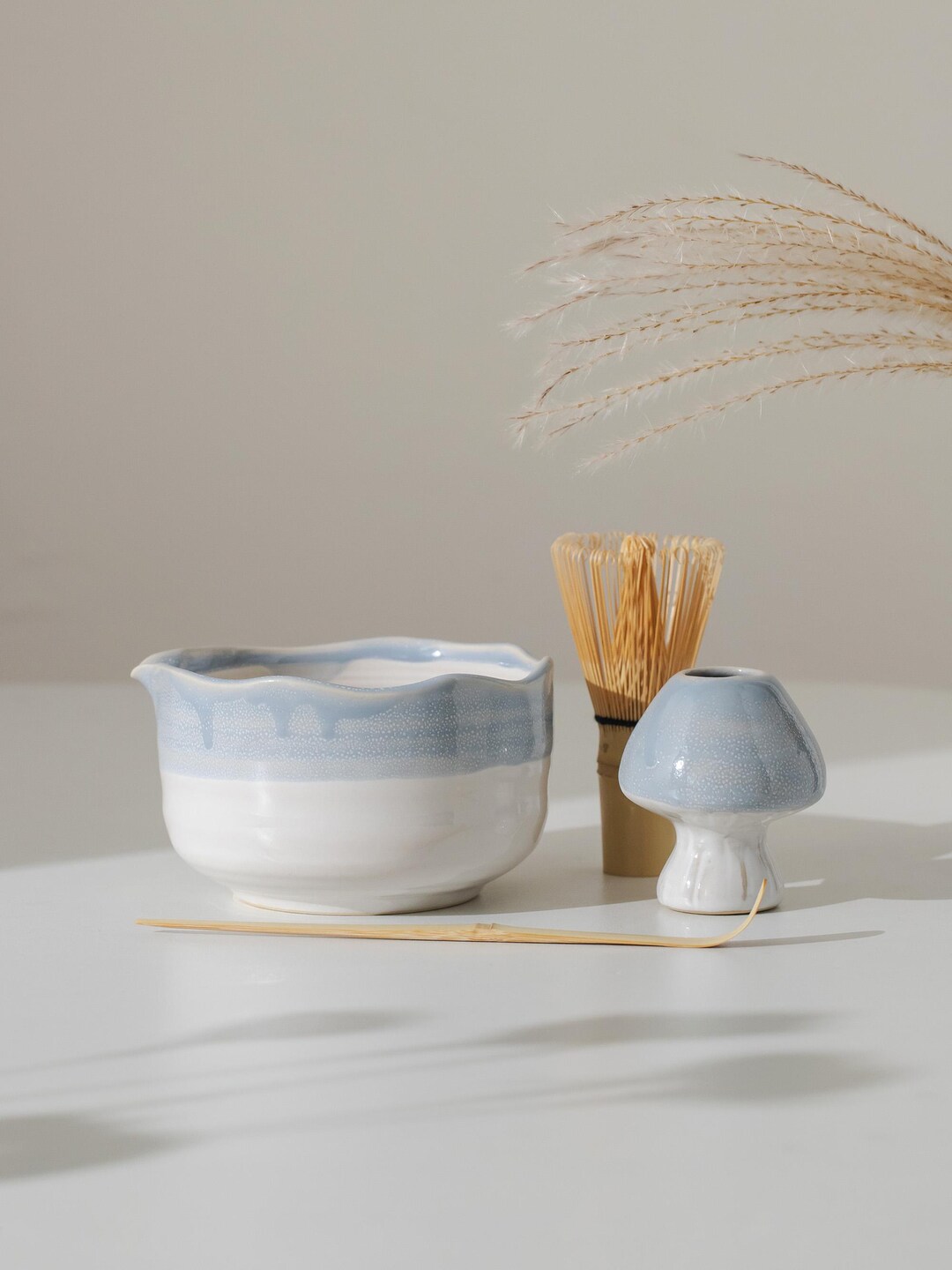 Hand Painted Light Gray Matcha Bowl Set of 4 With Mushroom Holder ...