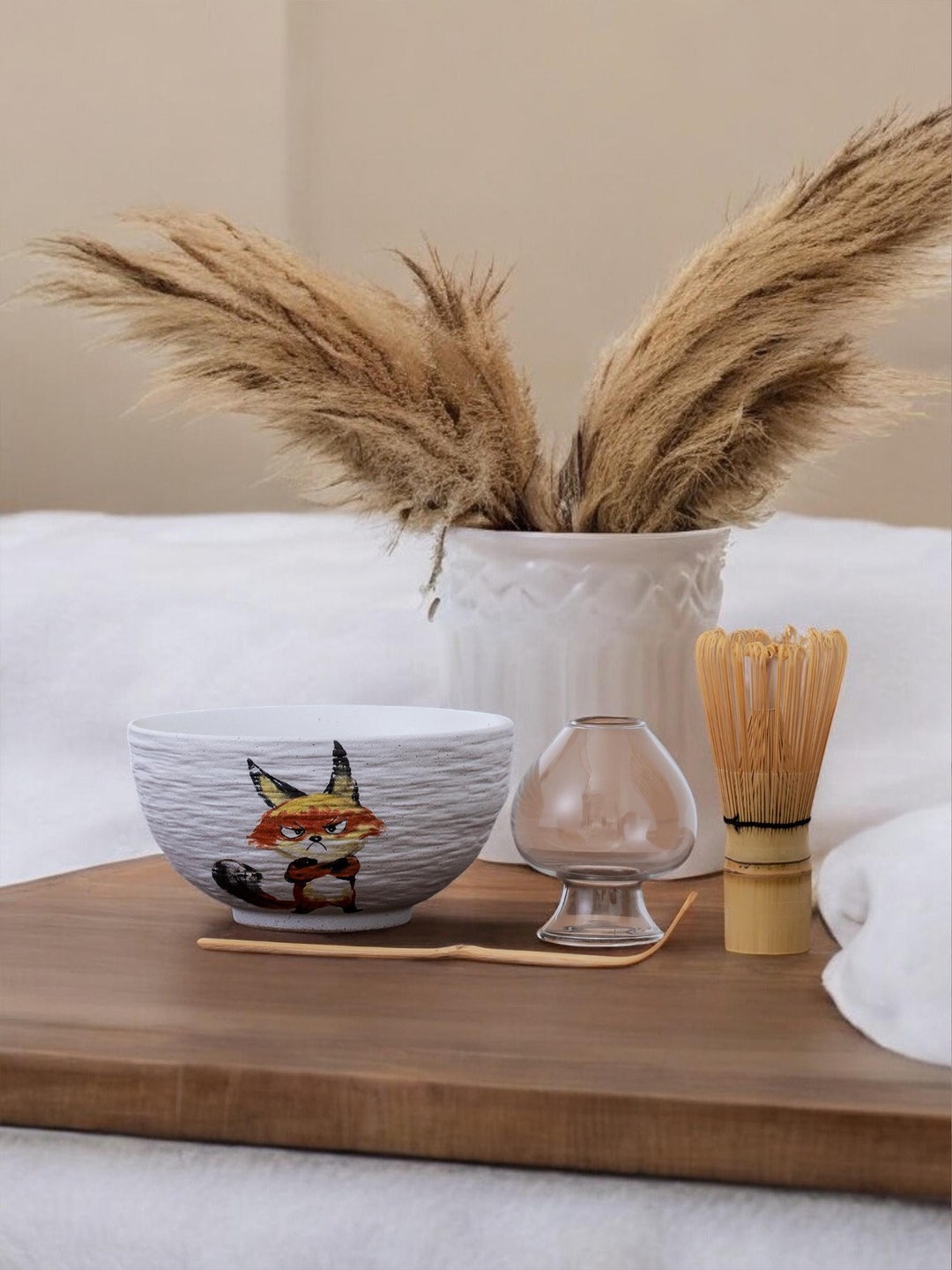 Hand Painted Cute Fox Ceramic Matcha Set of 4 Ceremony Tea Set, Gift ...