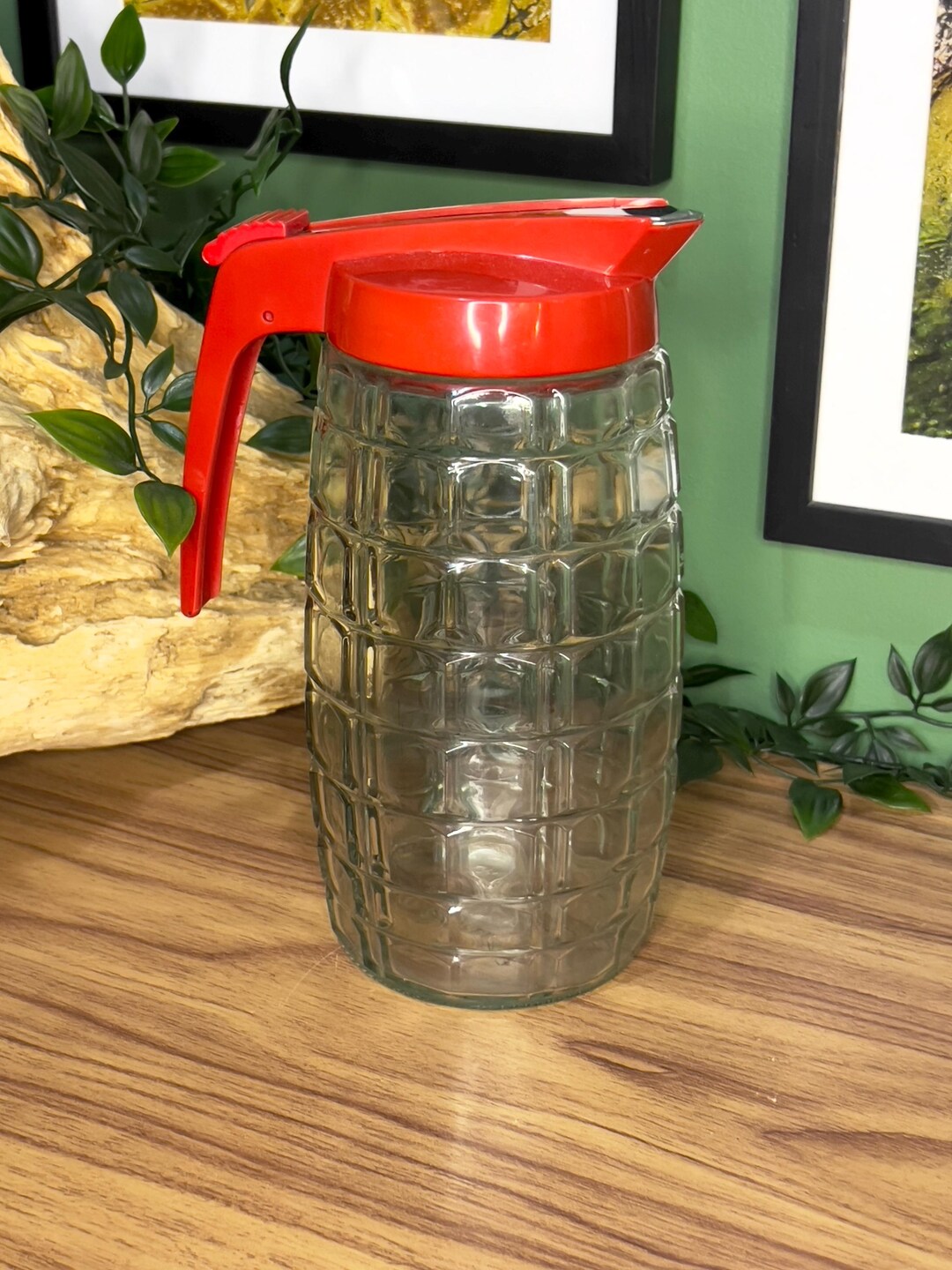 Vintage Valira Glass Beehive Pitcher With Red Handle and Sliding Spout ...