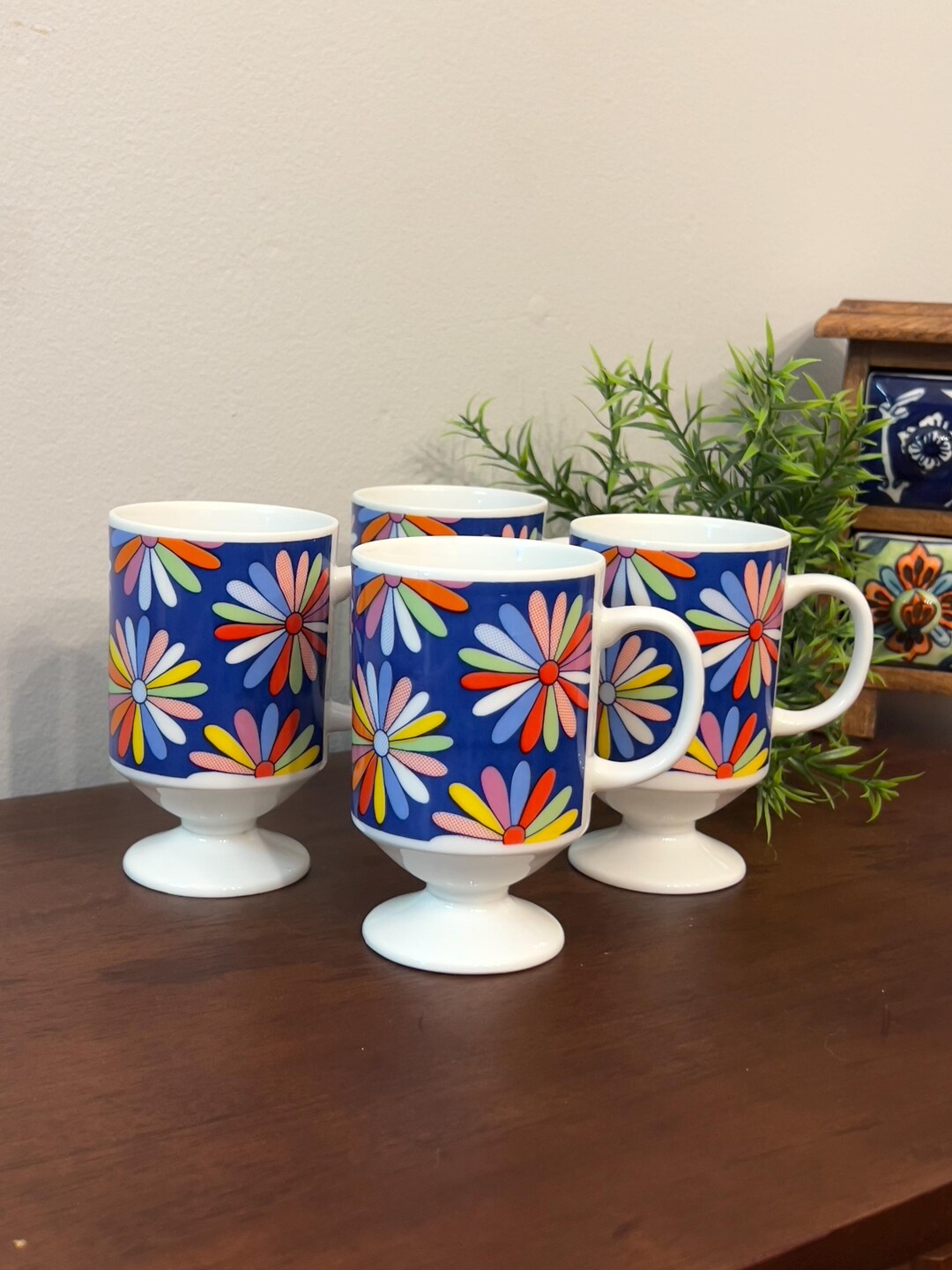 Set of 4 Vintage Blue Daisy Patterned Footed Mugs Floral Mug Made in ...