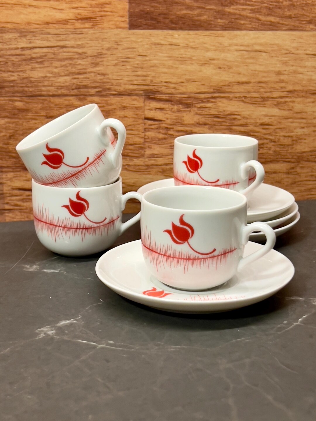 Rare Vintage Set of 4 Cups and Saucers – Garolina, Poland – Stylized ...