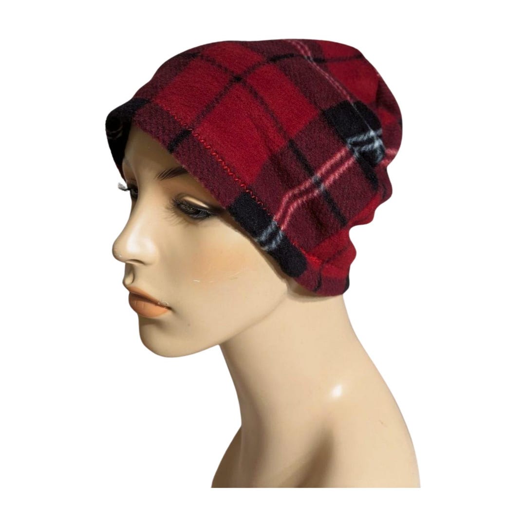 Chemo Hat Unisex Cancer Fleece Red Black Plaid Sleep Cap Beanie ...