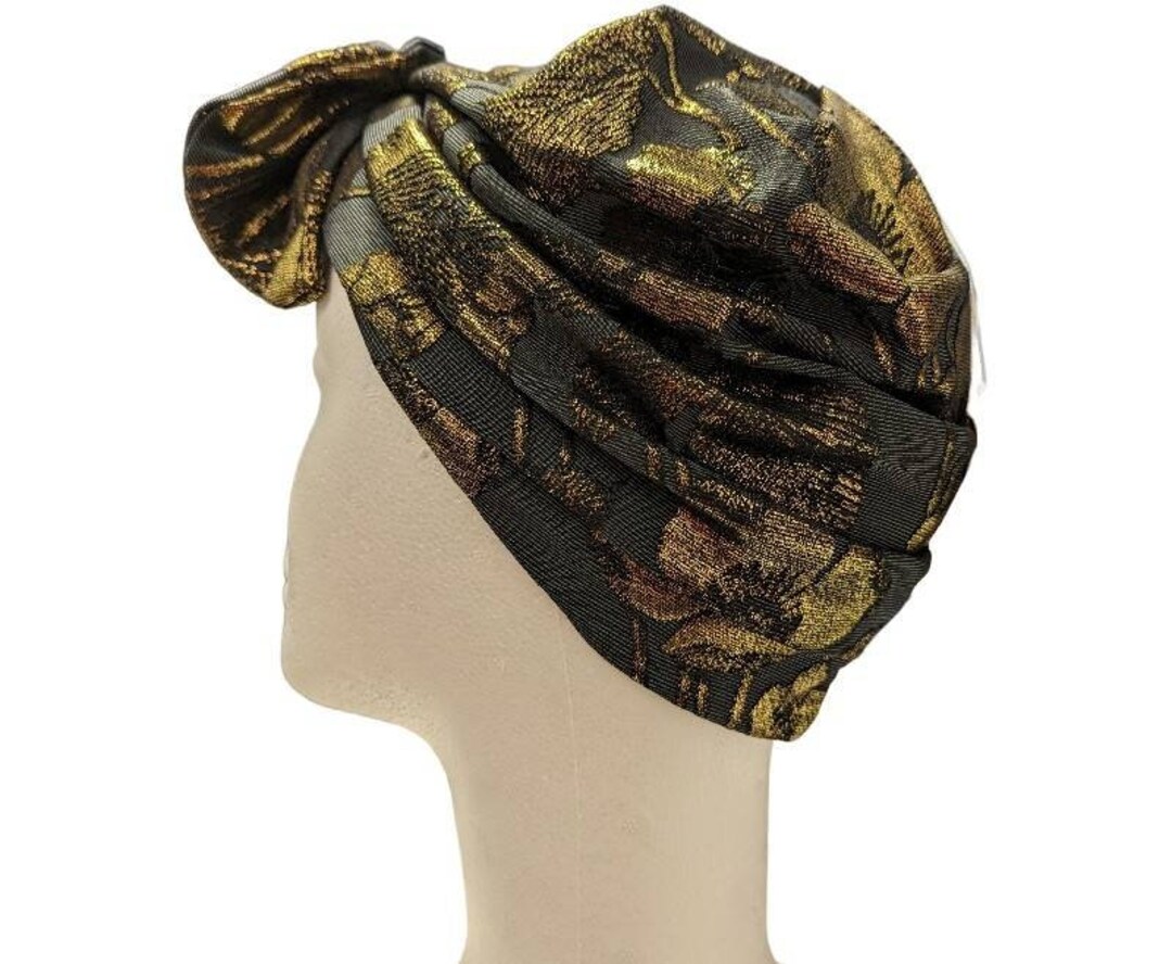 Black Gold Turban W Bow Lycra Poly Stretch Chemo Hat, Cancer Turban ...