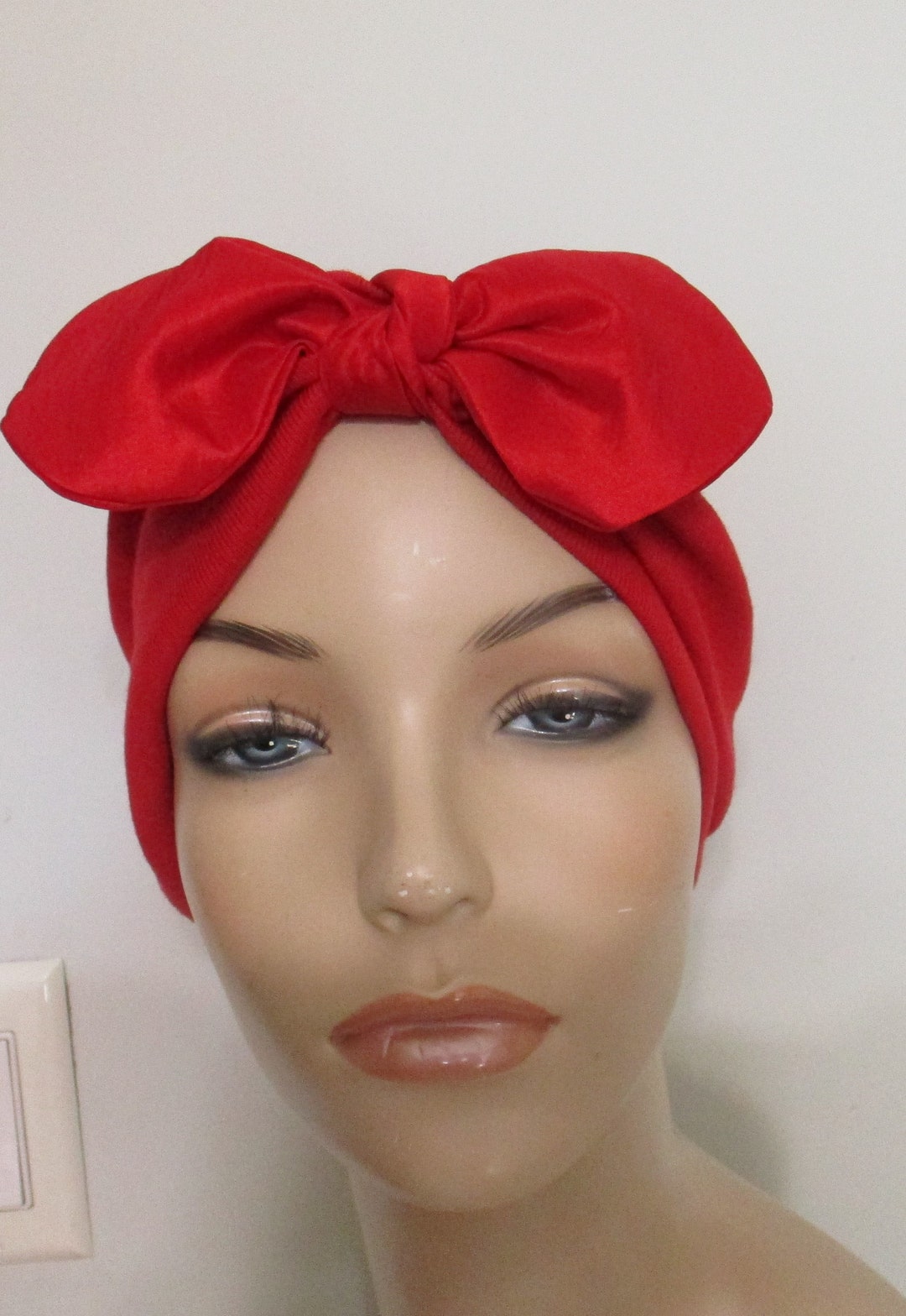 Red Knit W Bow Wear 2 Waysturban, Chemo Hat, Women's Alopecia Cancer ...